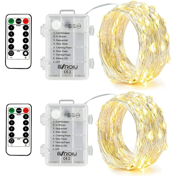 2 x Fairy Lights Battery Operated,Silver Wire Chains 8 Mode 16Ft/5Meter ...