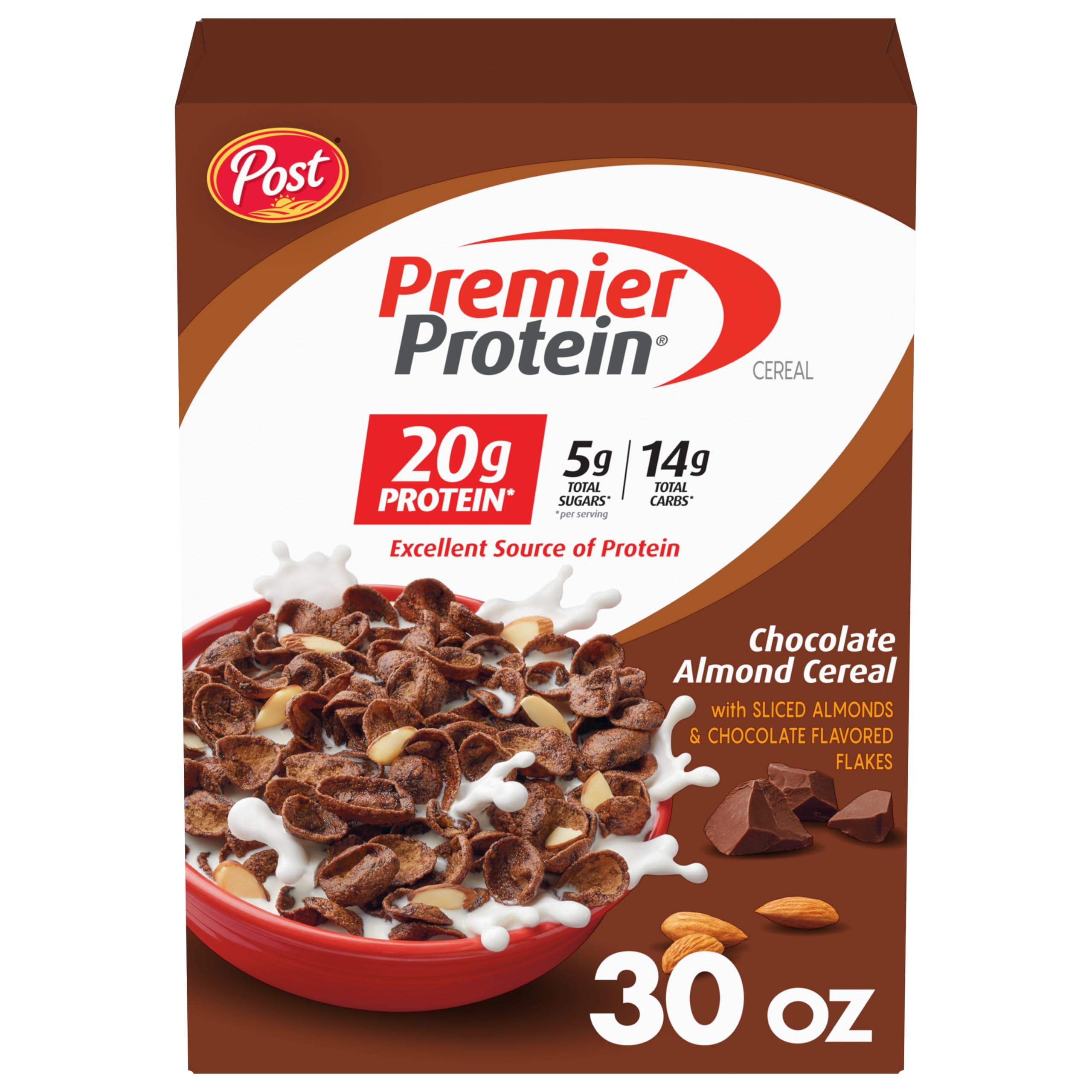 2 x - Post Premier Protein Chocolate Almond Cereal, Chocolatey Protein Cereal Flakes with Sliced ...
