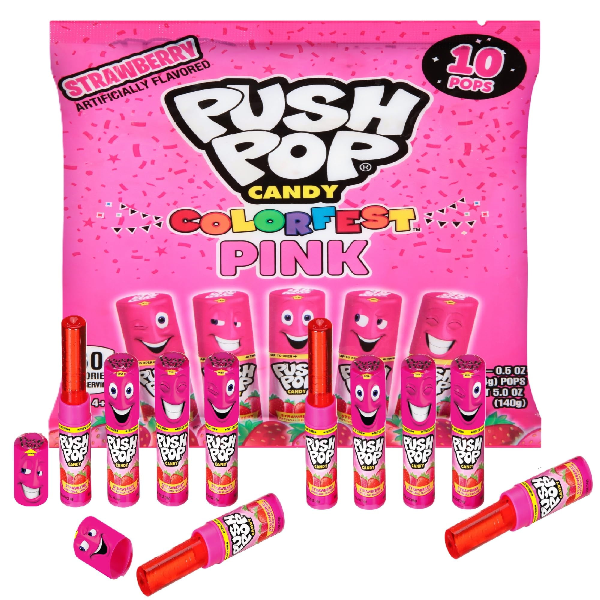 2 x - Push Pop Pink Candy Lollipops, 10 Ct Individually Wrapped in Pink ...