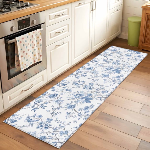 2'x6' Rug Runners for Hallways Kitchen, Blue White Spring Floral Non ...