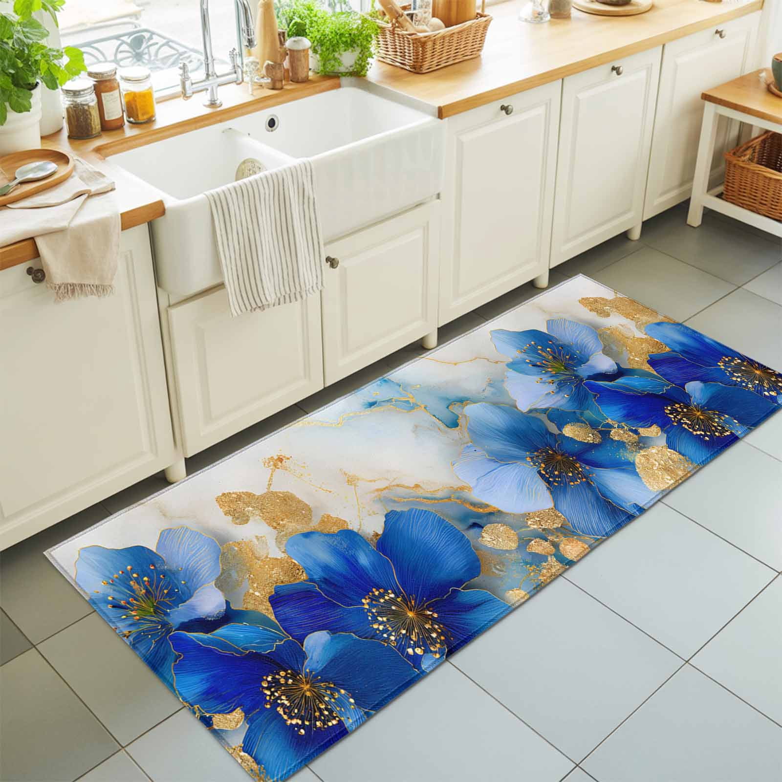 2'x6' Rug Runners for Hallways Kitchen, Navy Blue Flowers Non Slip ...