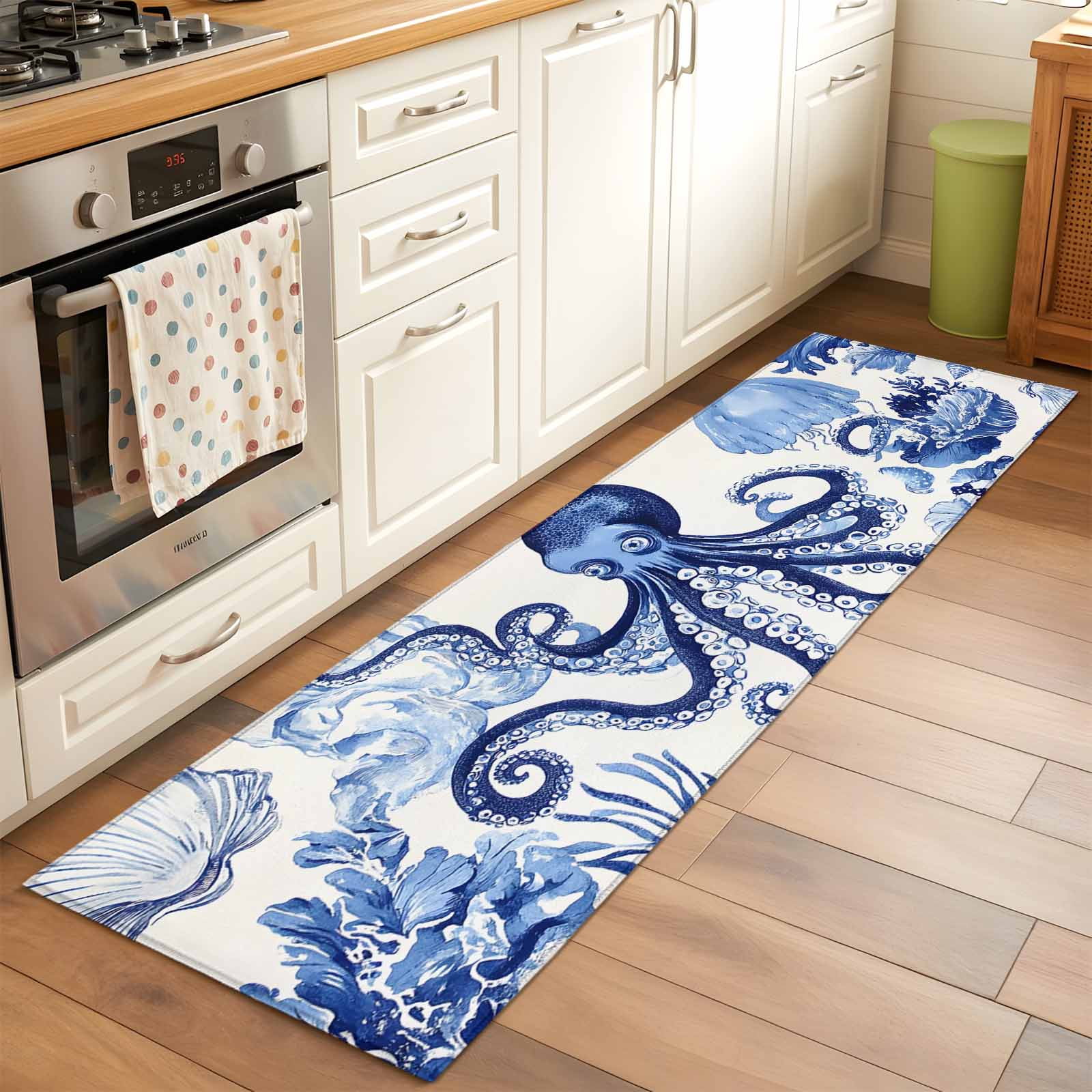 2'x6' Rug Runners for Hallways Kitchen, Navy Blue Octopus Coastal Non ...