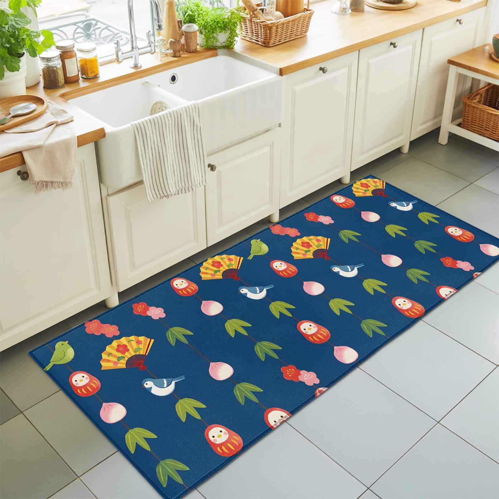 2'x6' Rug Runners for Hallways Kitchen, Navy Blue Spring Floral Non ...