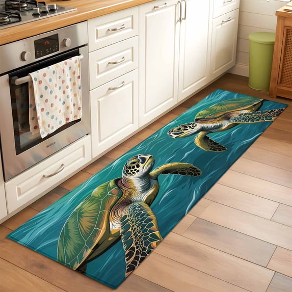 2'x6' Rug Runners for Hallways Kitchen, Teal Blue Turtle Coastal Non ...