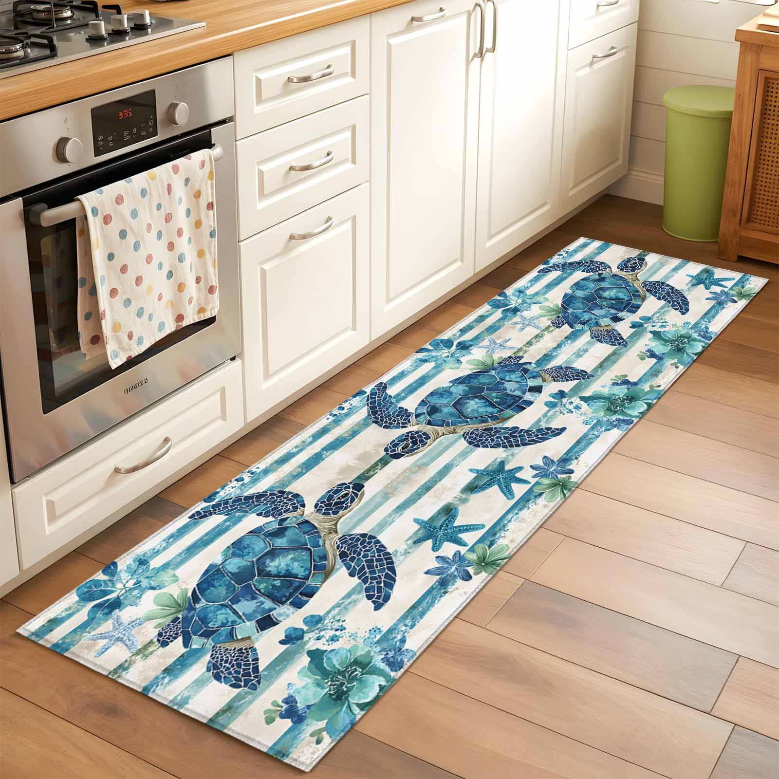 2'x6' Rug Runners for Hallways Kitchen, Teal Blue Turtle Coastal Non ...