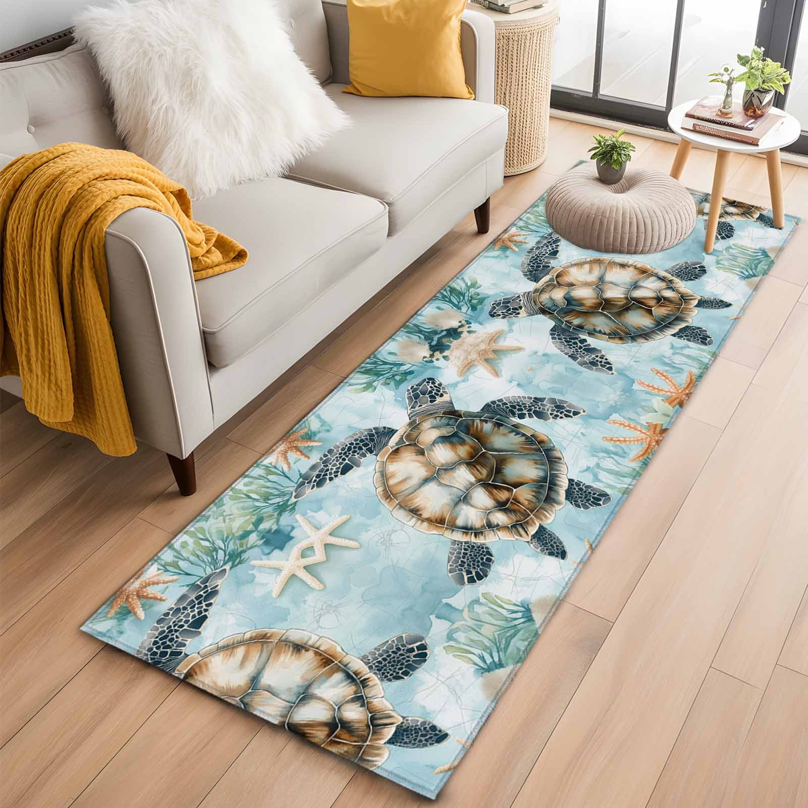 2'x6' Rug Runners for Hallways Kitchen, Teal Sea Turtle Coastal Non ...