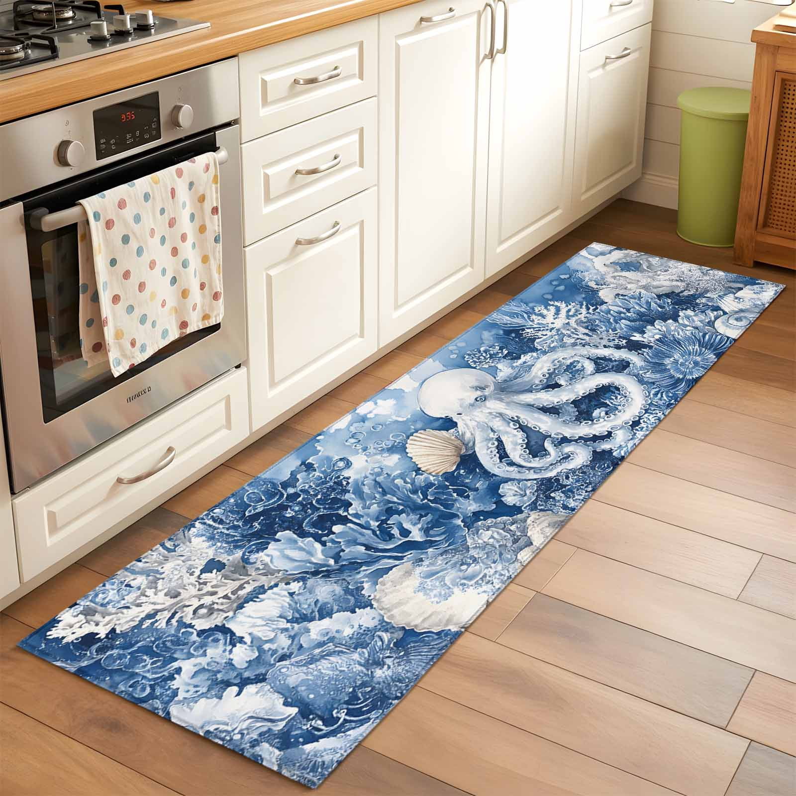 2'x6' Rug Runners for Hallways Kitchen, White Blue Octopus Coastal Non ...
