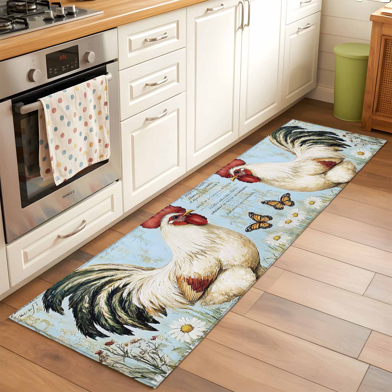 2'x6' Rug Runners for Hallways Kitchen, White Spring Floral Rooster Non ...