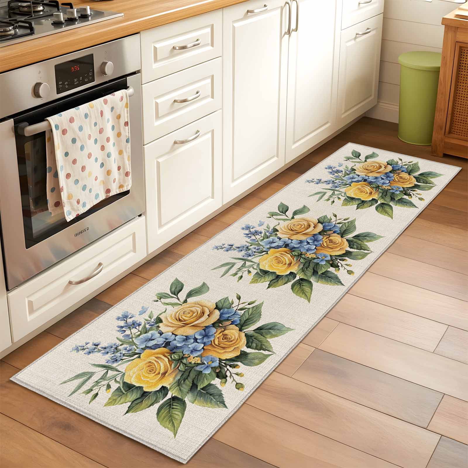 2'x6' Rug Runners for Hallways Kitchen, Yellow Blue Floral Leaves Non ...