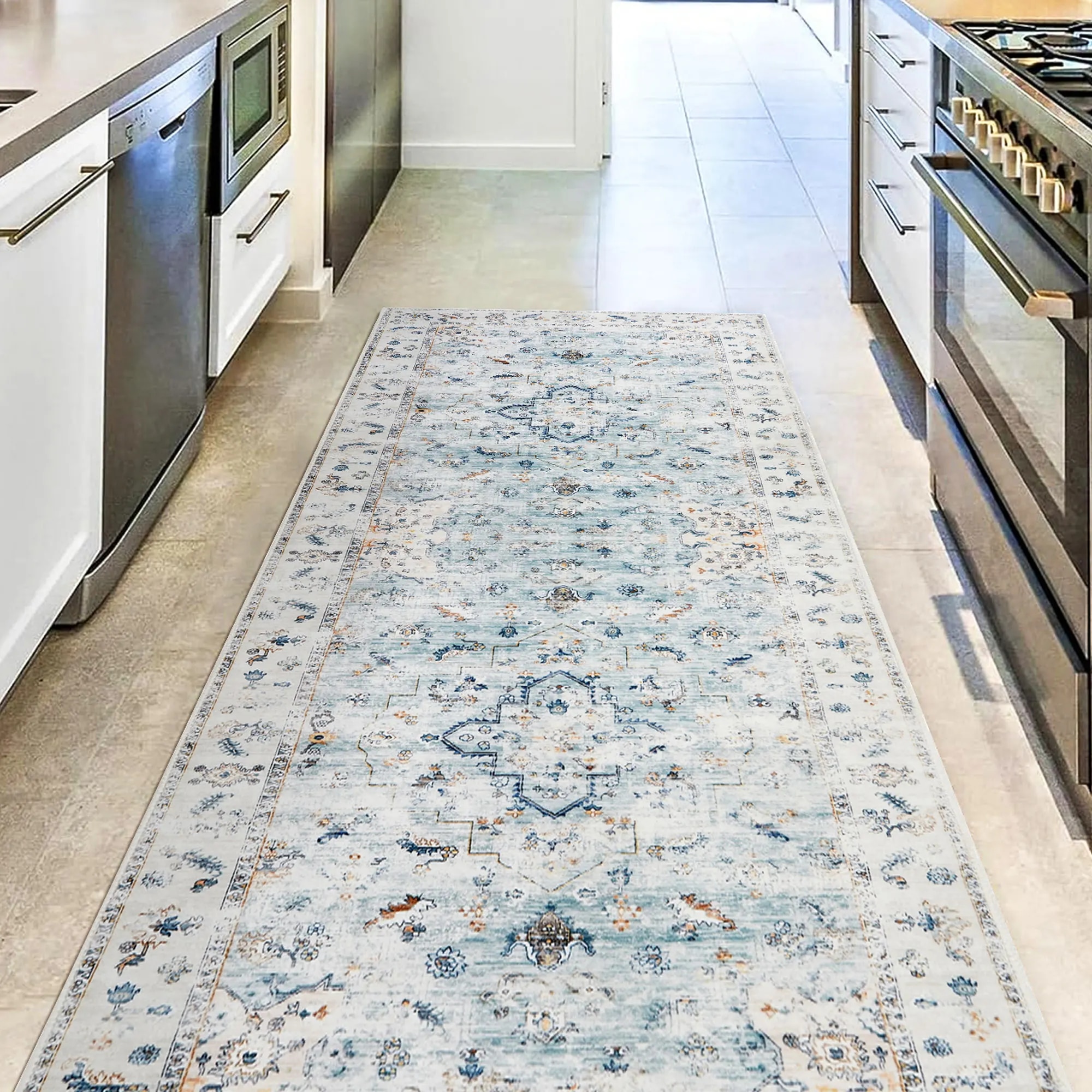WondRg 2'x6' Non-Slip Runner Rug, Blue Distressed Design, Suitable for ...