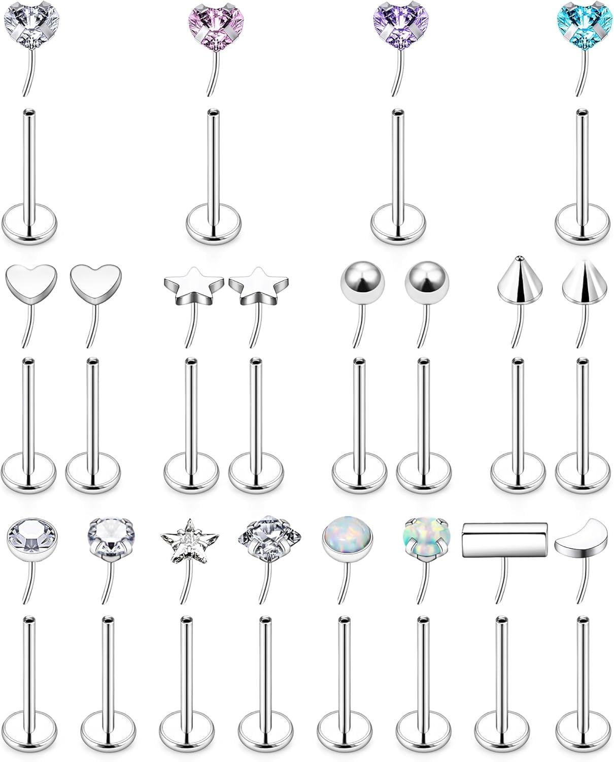 20/18g Threadless Push Pin Nose Stud Rings Flat Back Comfy Ear ...