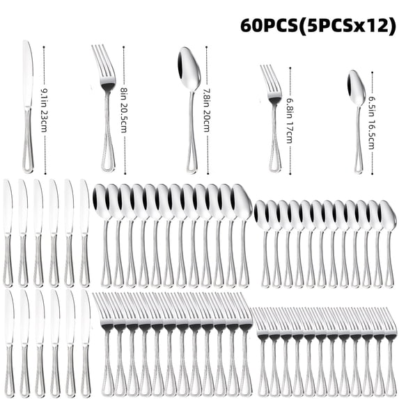 20/24/48/60Pcs Black Silver Stainless Steel Cutlery Set, Modern Western ...