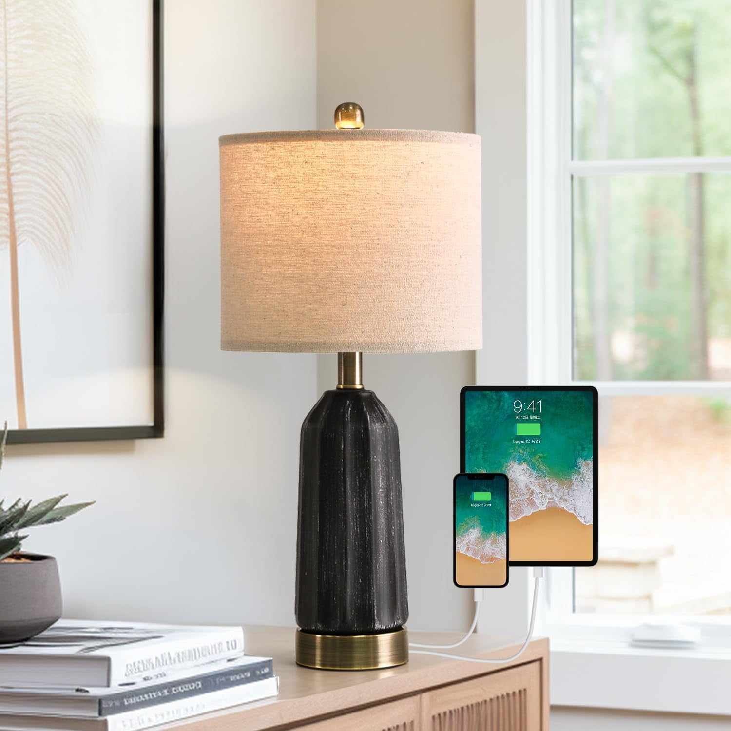 20.25" - Modern Ceramic Bedside Lamp with USB C+A Charging Ports, Table ...