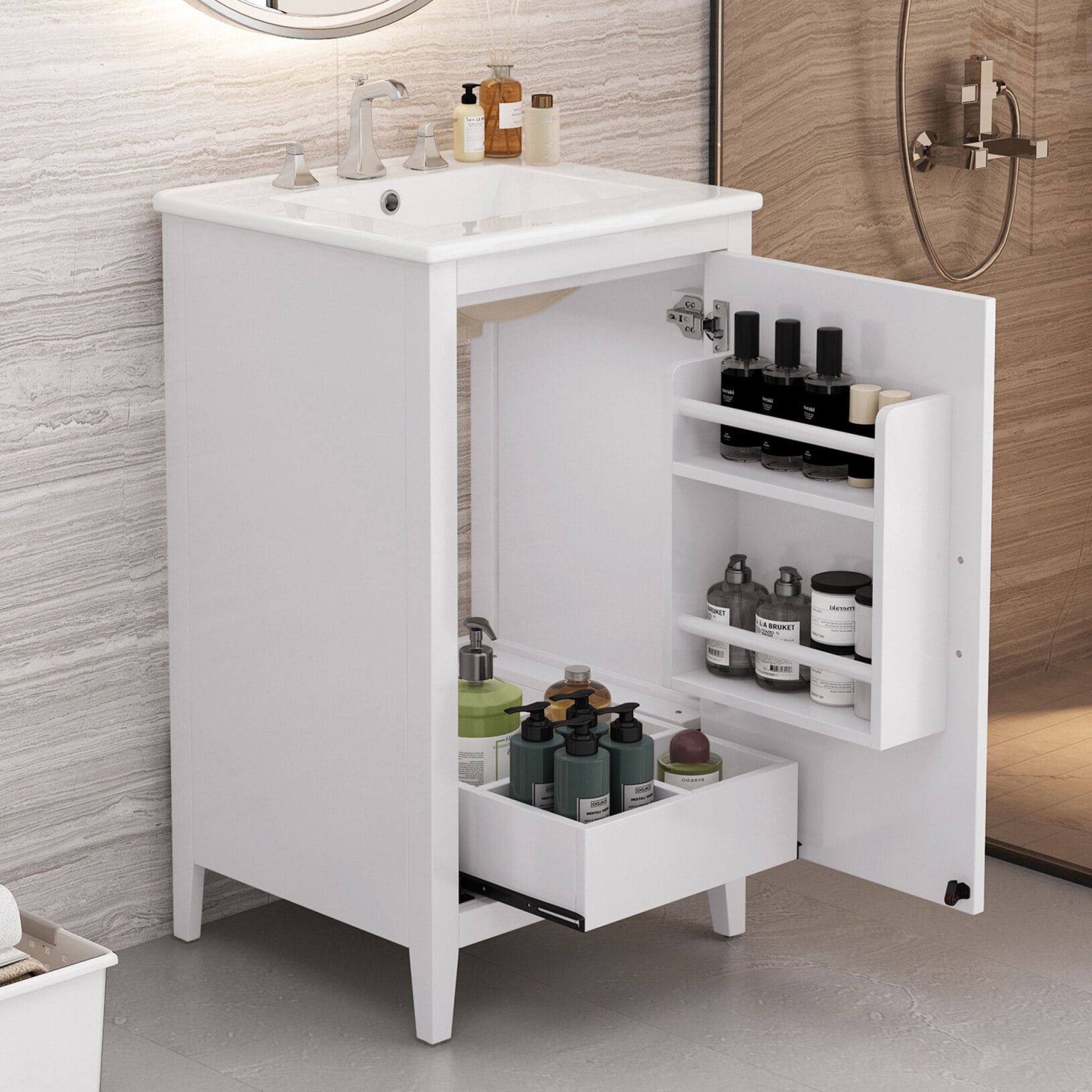 20.3" Compact Bathroom Vanity with Solid Wood Cabinet, Soft-Close Metal ...