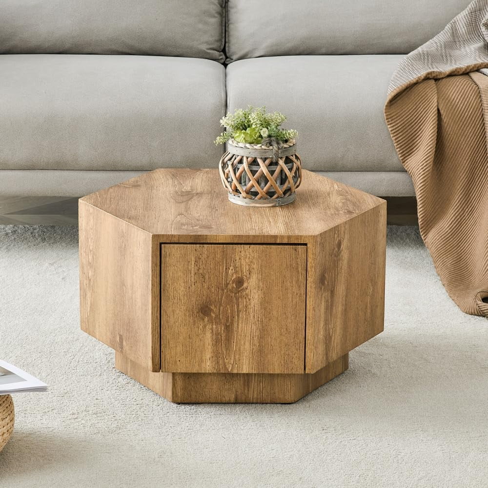 20.3 Inch Hexagonal MDF Coffee Table with Storage Drawer Anti-Slip Feet ...
