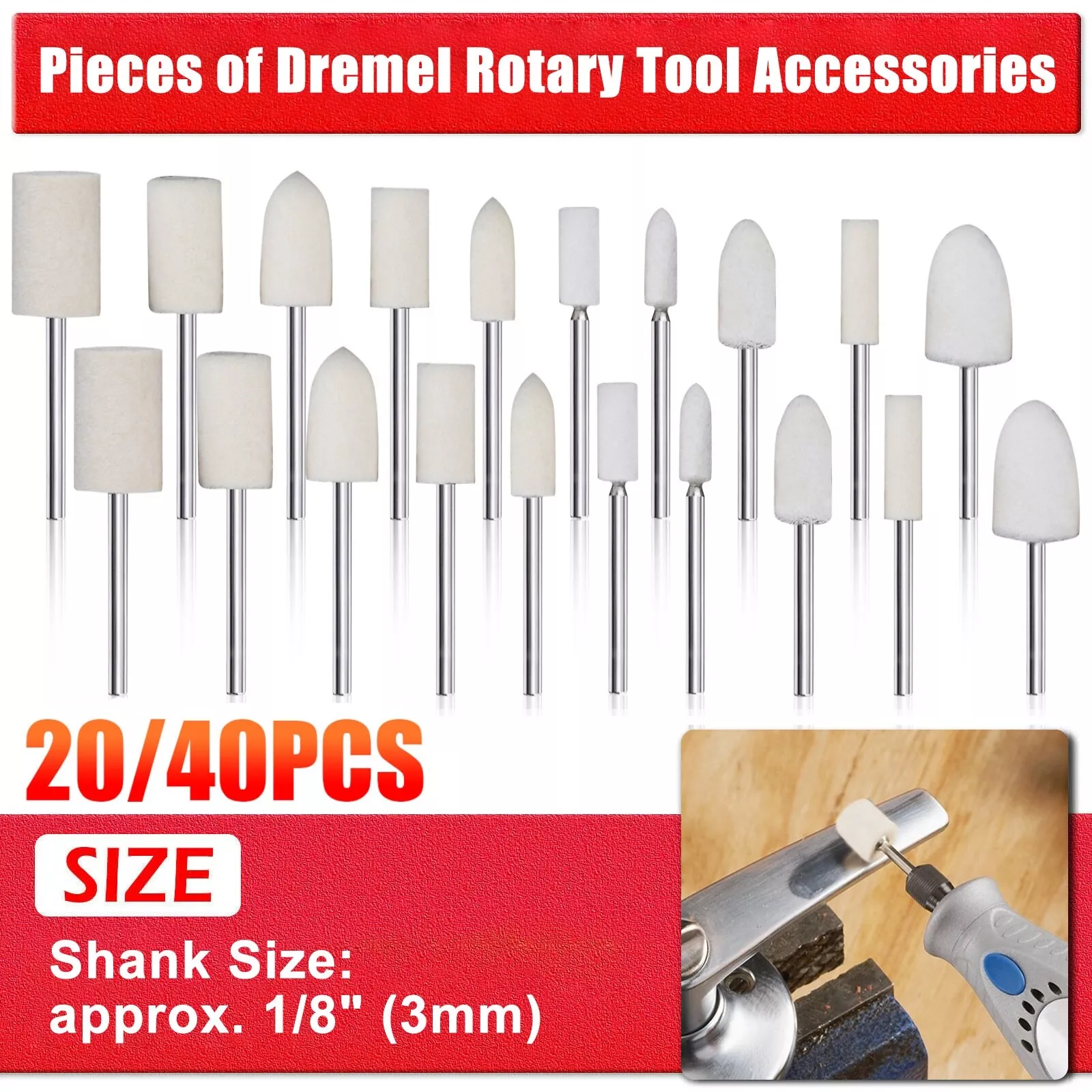 20/40x 1/8" Shank Wool Felt Polishing Buffing Pad Wheel for Dremel ...