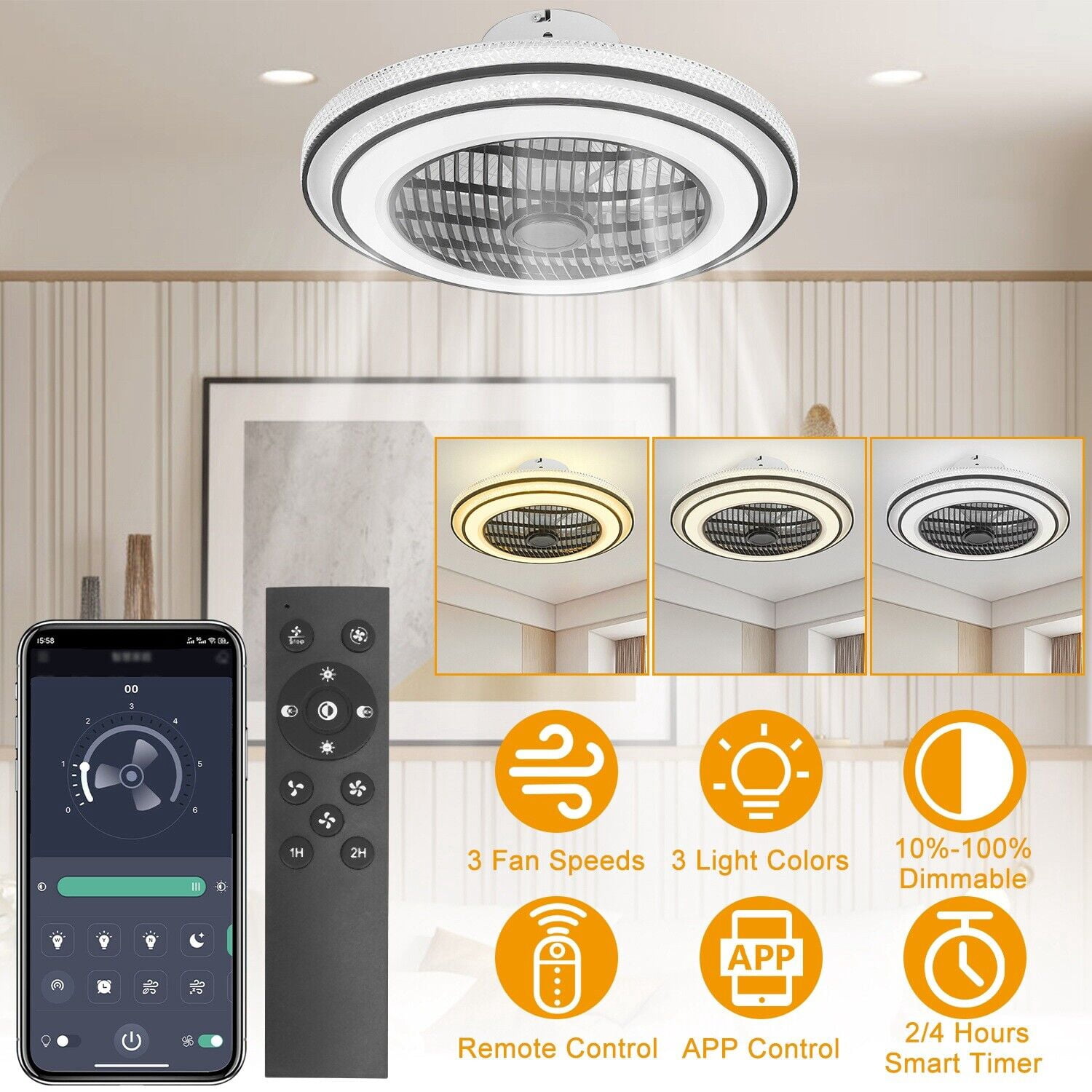 20.5" LED Ceiling Fan Light Phone+Remote Control Bedroom Chandelier ...