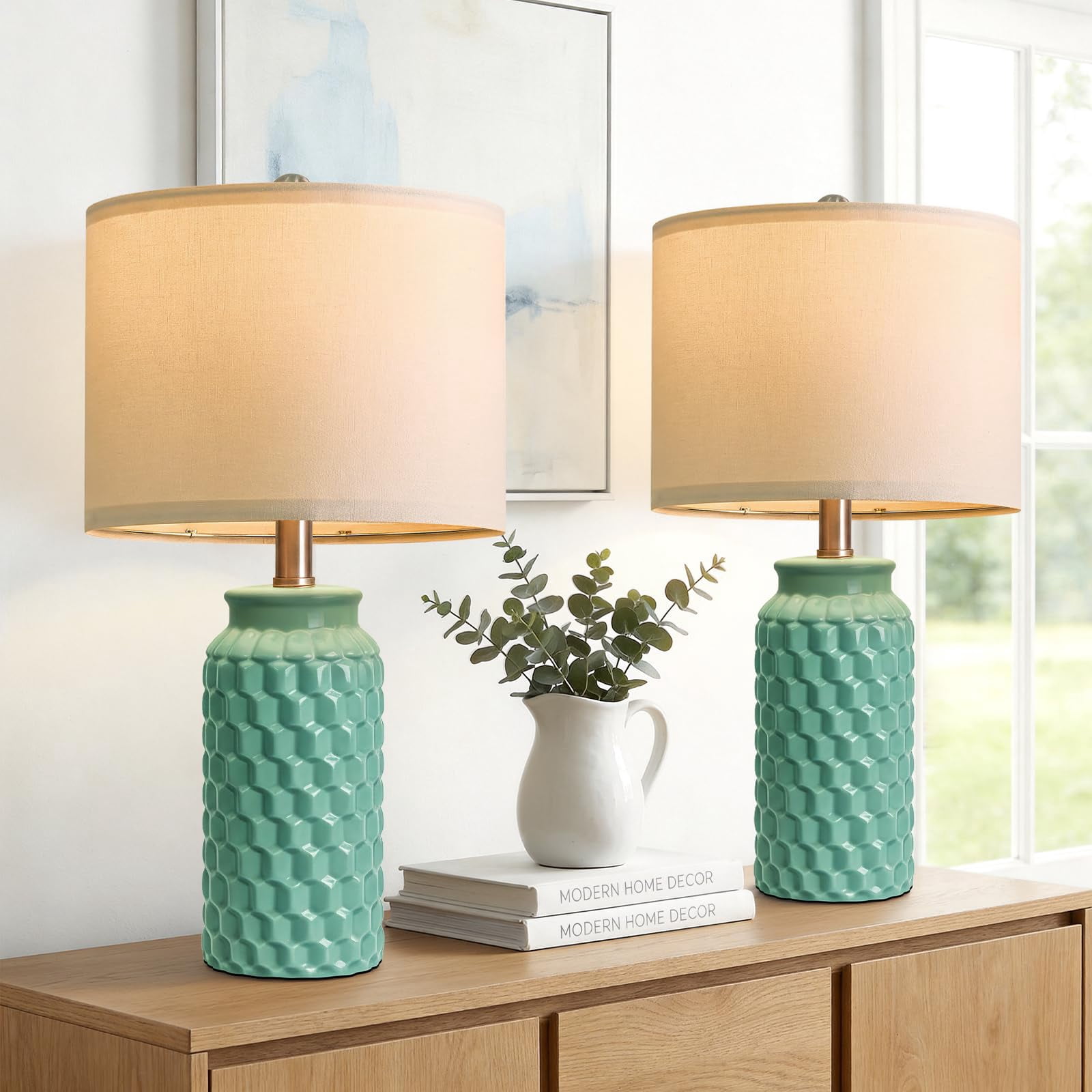 20.5" Tiffany Blue-2 Pack Ceramic Table Lamps for Bedroom Living Room ...