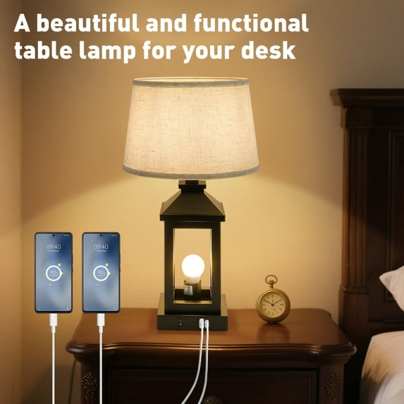 20.5-inch Black Farmhouse Bedside Lamp, 3-Way Dimmable Touch-Activated ...