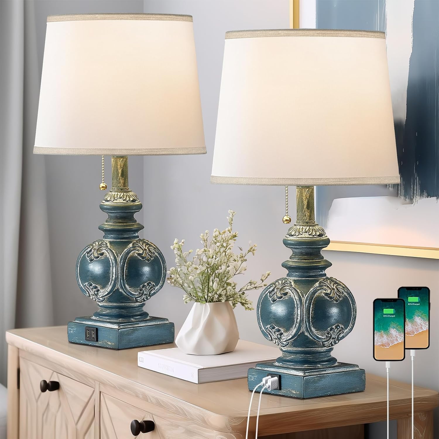 20.75" Farmhouse Table Lamps for Bedroom Set of 2, Rustic Bedside Lamps ...
