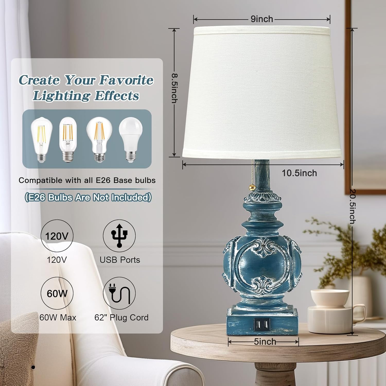 20.75" Farmhouse Table Lamps for Bedroom Set of 2, Rustic Bedside Lamps ...