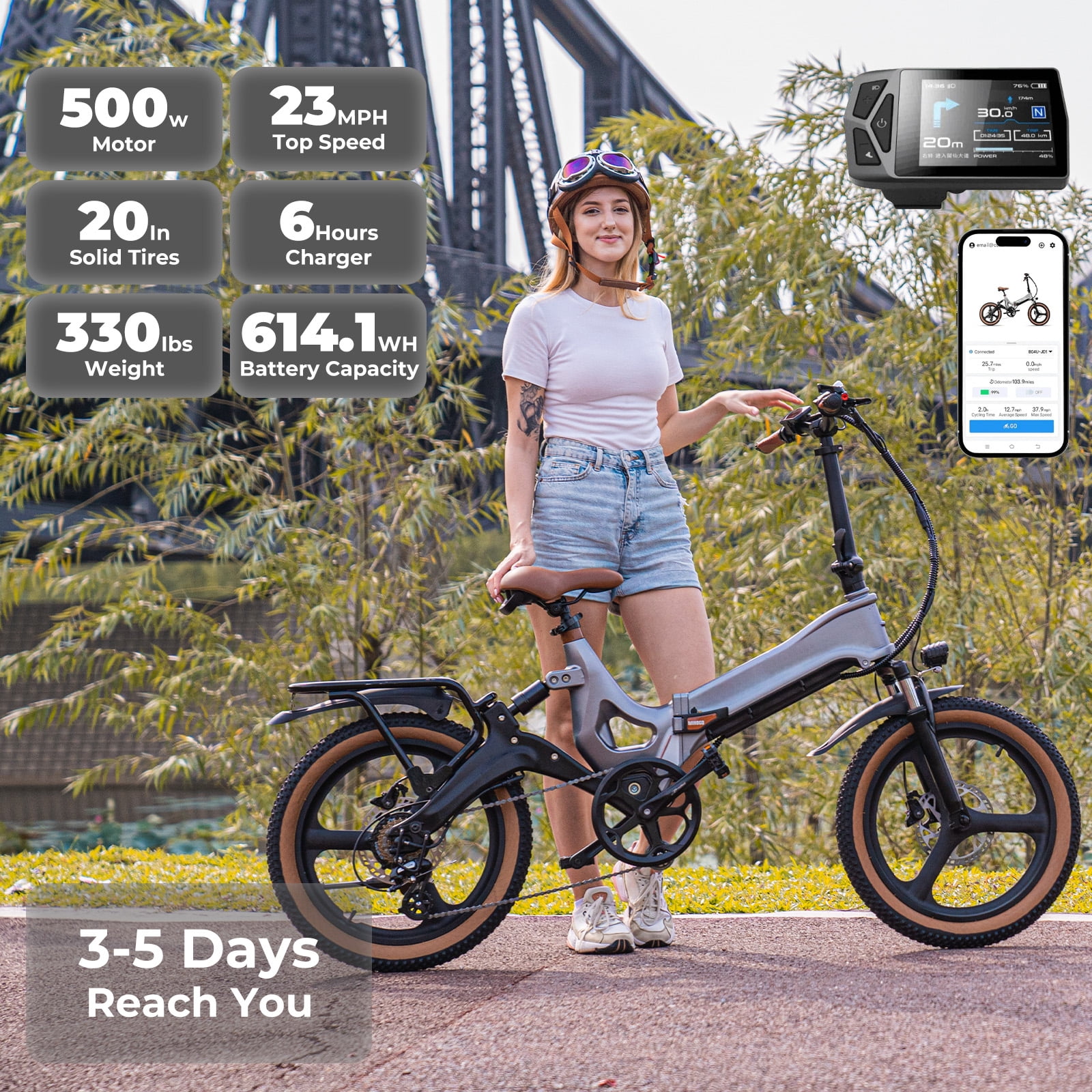 20" Adult Electric Bike, 48V 500W Motor, 40 Mile Range, 23MPH, 7 Speed Transmission, Hydraulic ...