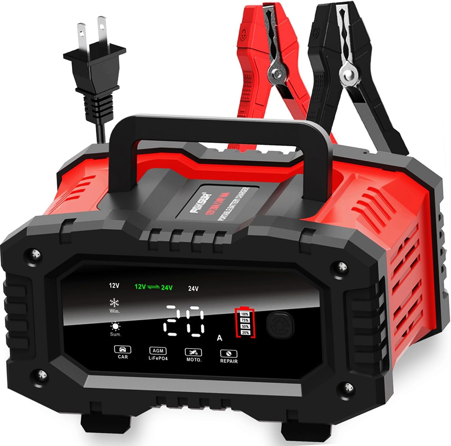 20-Amp Car Battery Charger, 12V/20A and 24V/10A LiFePO4,Lead-Acid(AGM ...