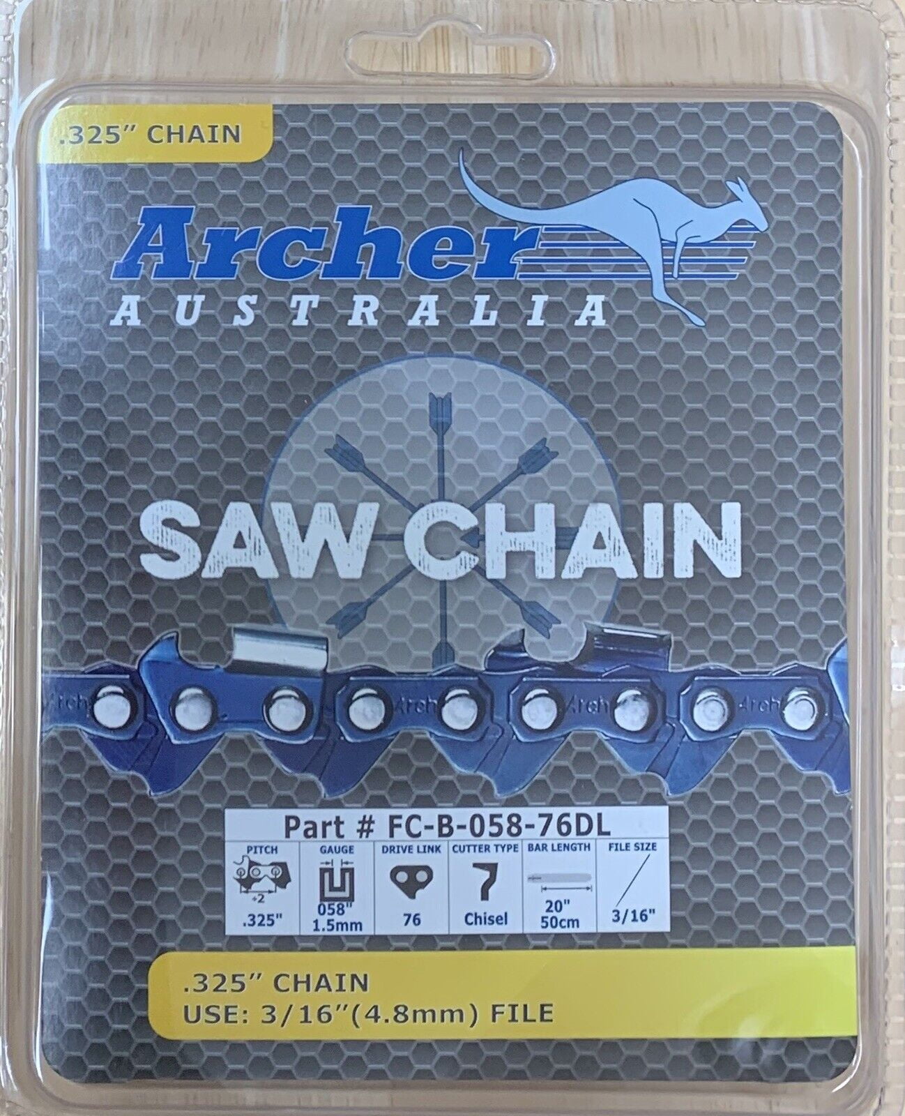 20" Archer Chainsaw Chain .325 pitch FULL CHISEL .058 Gauge 76DL Blue ...