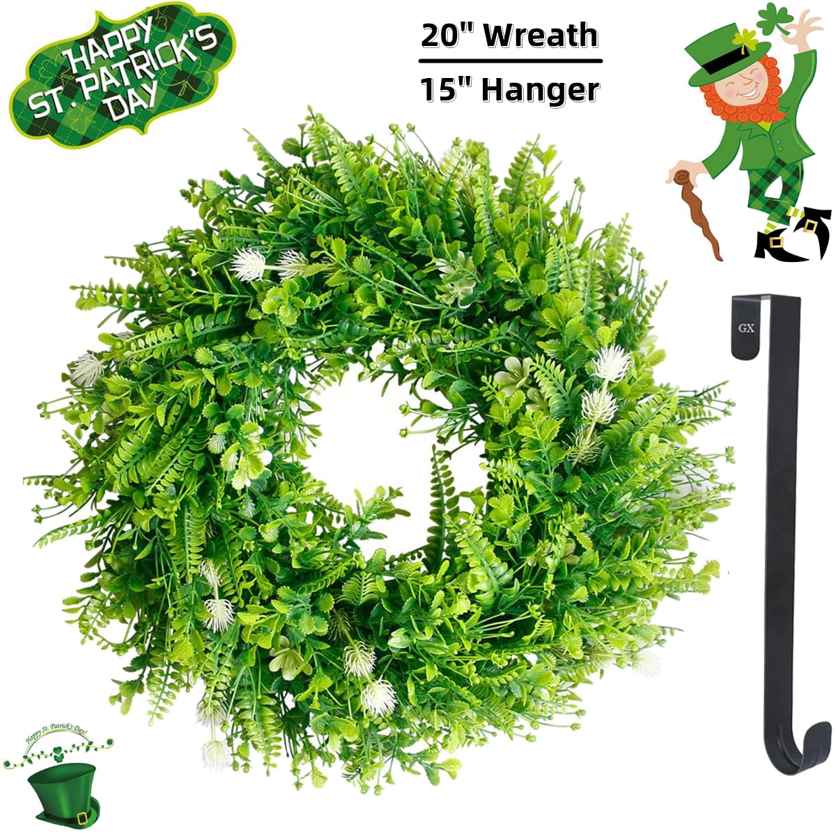 20" Artificial Green Leaves Wreath for Front Door Wall Window Party St ...