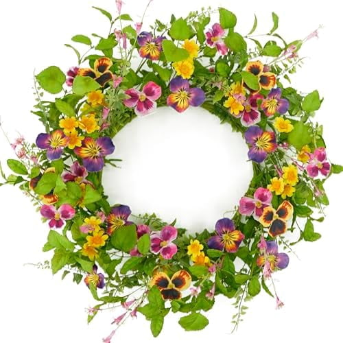 20" Artificial Spring Summer Wreath with Pansy, Yellow Daisy, Rose Leaf ...
