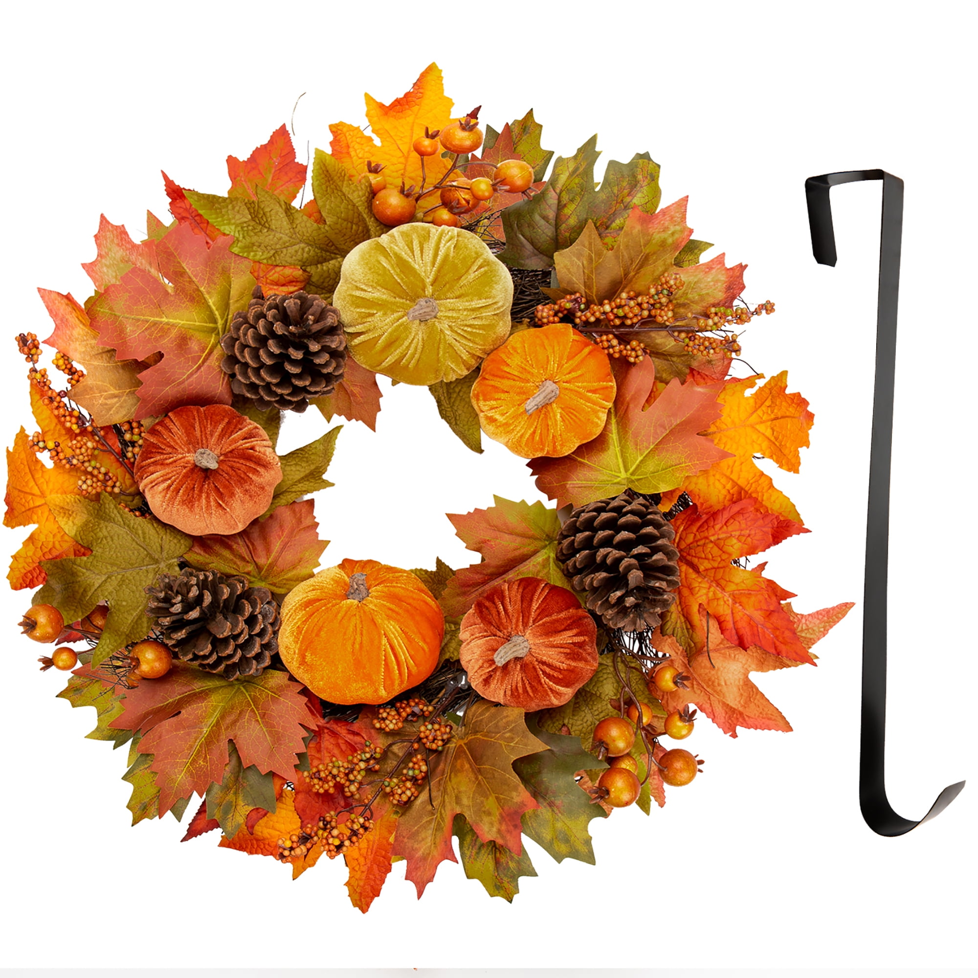 20'' Autumn Pumpkin Wreath Velvet Pumpkin Fall Maple Leaves Pinecones ...