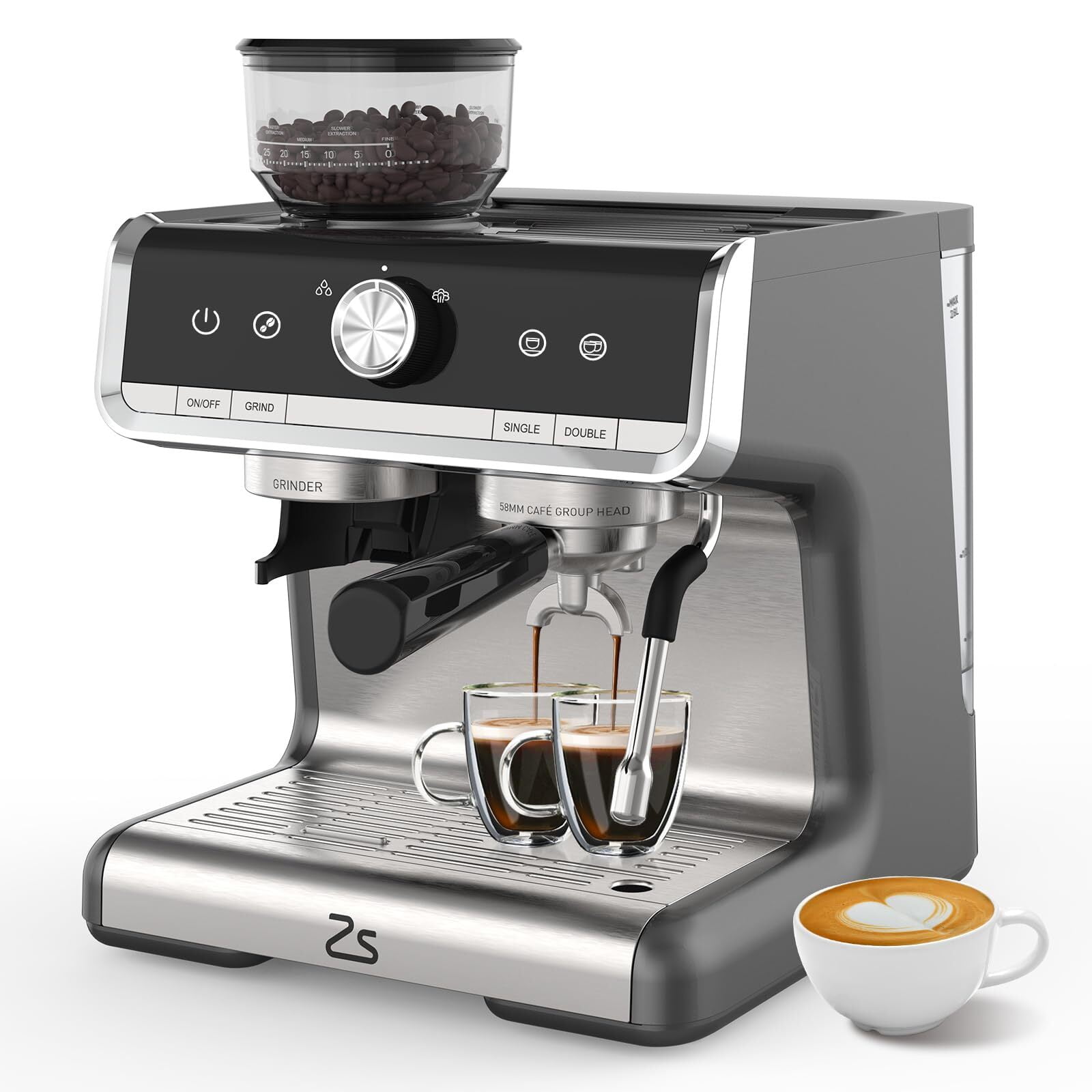 20 Bar Espresso Machine with Grinder & Milk Frother, Stainless Steel ...