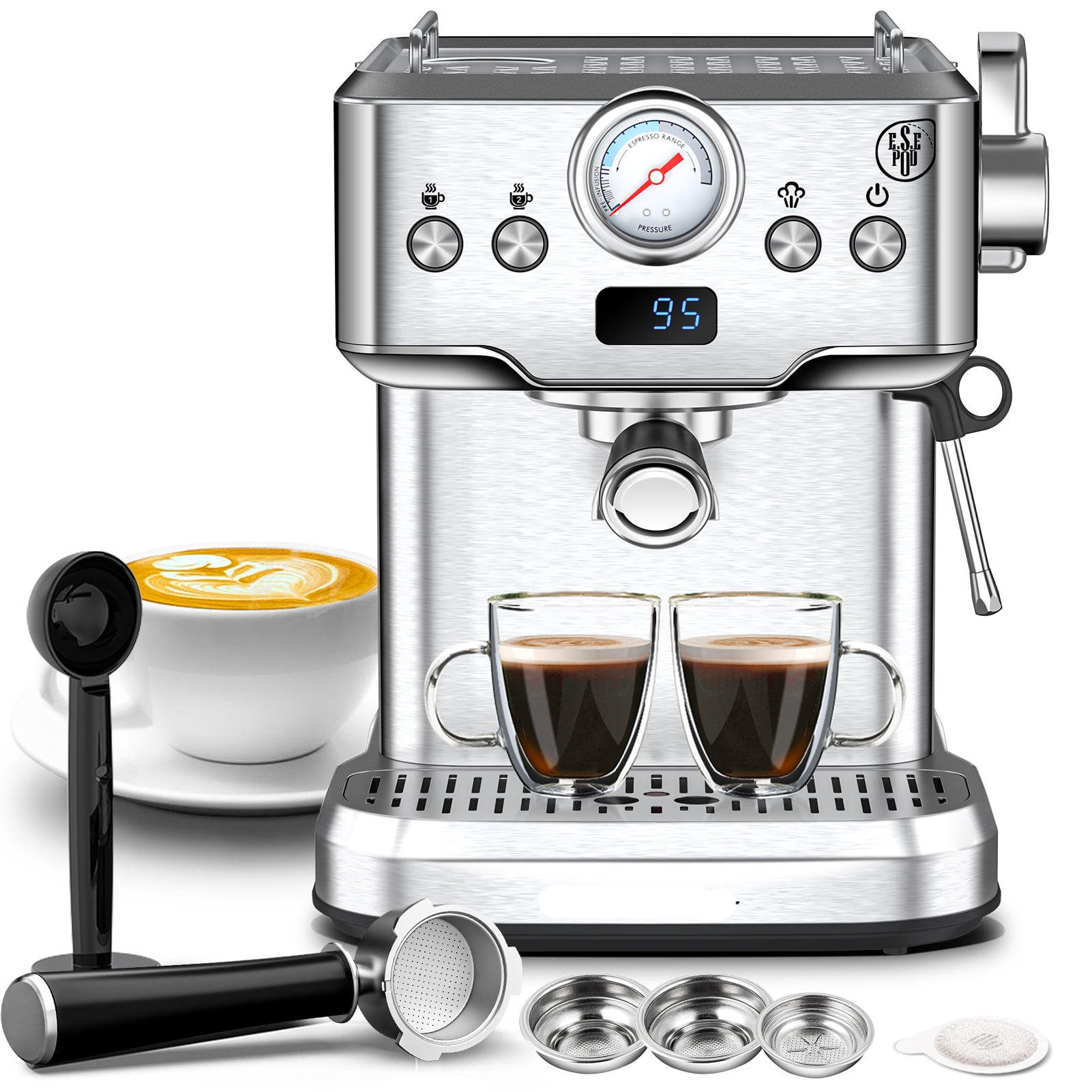 20 Bar Professional Espresso Machine with Milk Frother, Single & Double ...