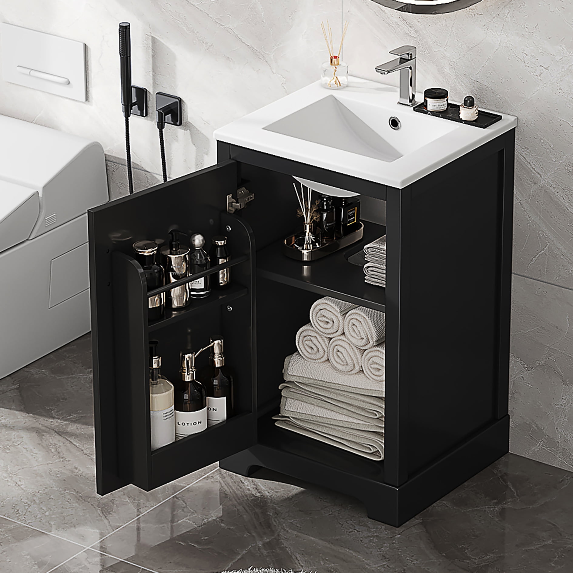20" Bathroom Vanity With Ceramic Sink, Black Cabinet, Storage Rack ...