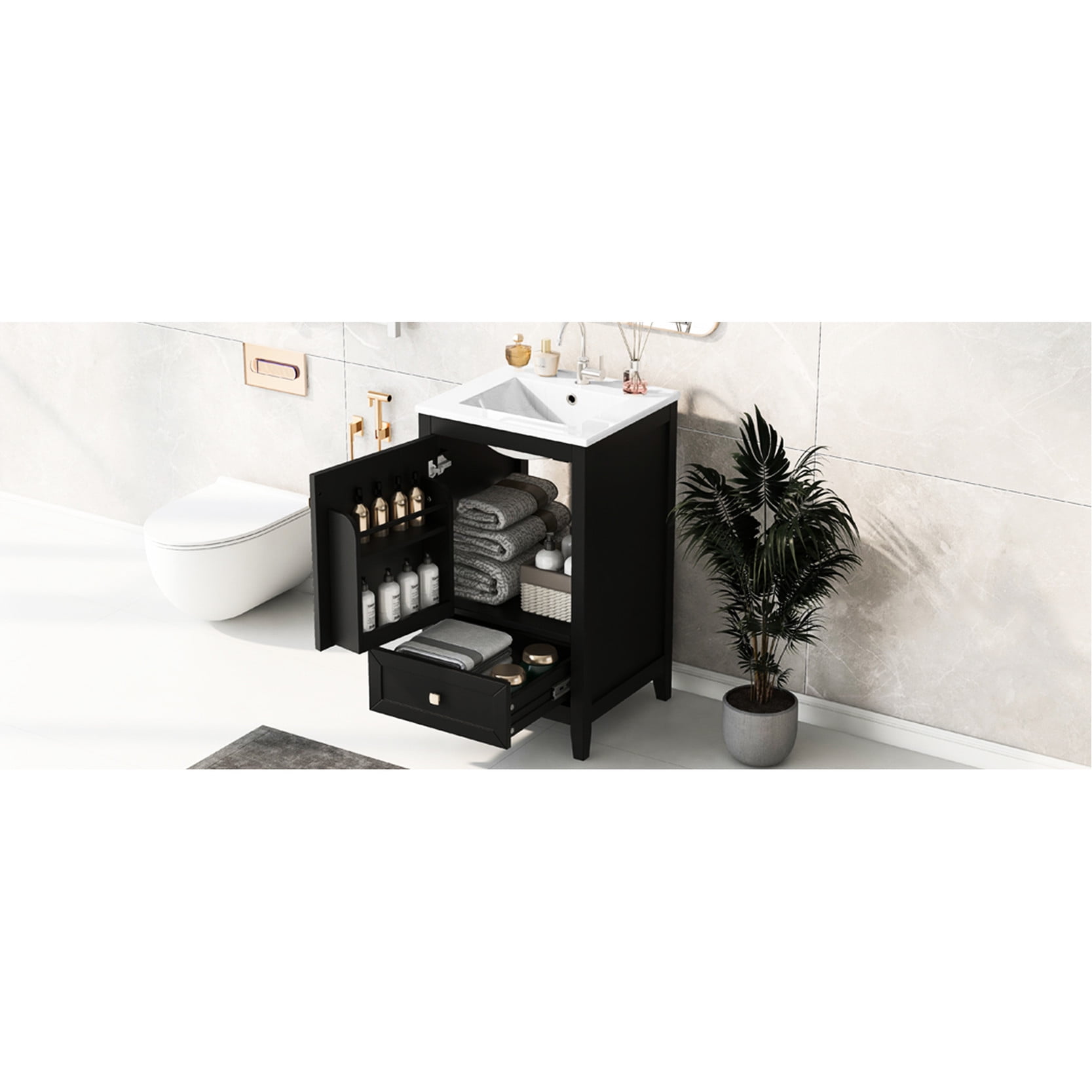 20" Bathroom Vanity with Sink, Cabinet and Storage Rack, Black Finish ...