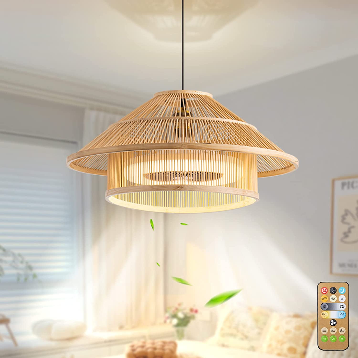 20" Bladeless Ceiling Fan with Light, Bamboo Caged Fan Light with ...