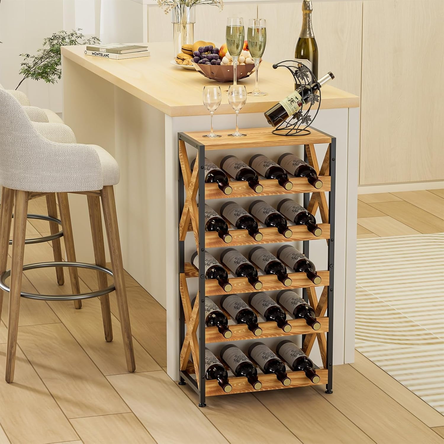 20 Bottle Wine Rack Freestanding Floor with Wood Top,Wobble-Free 5 Tier ...