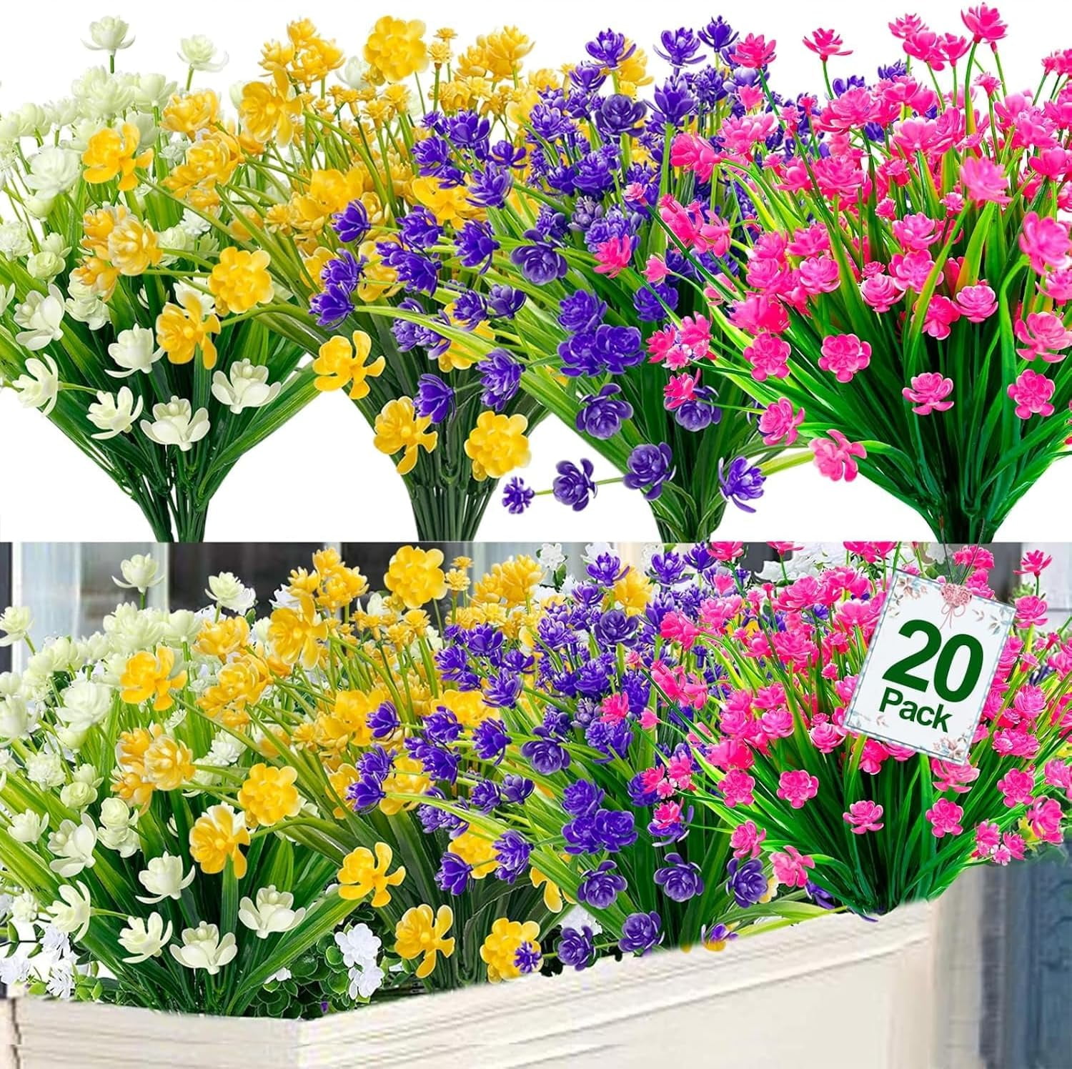 20 Bundles Artificial Flowers for Outdoors Fake Plants Summer Decor, UV ...