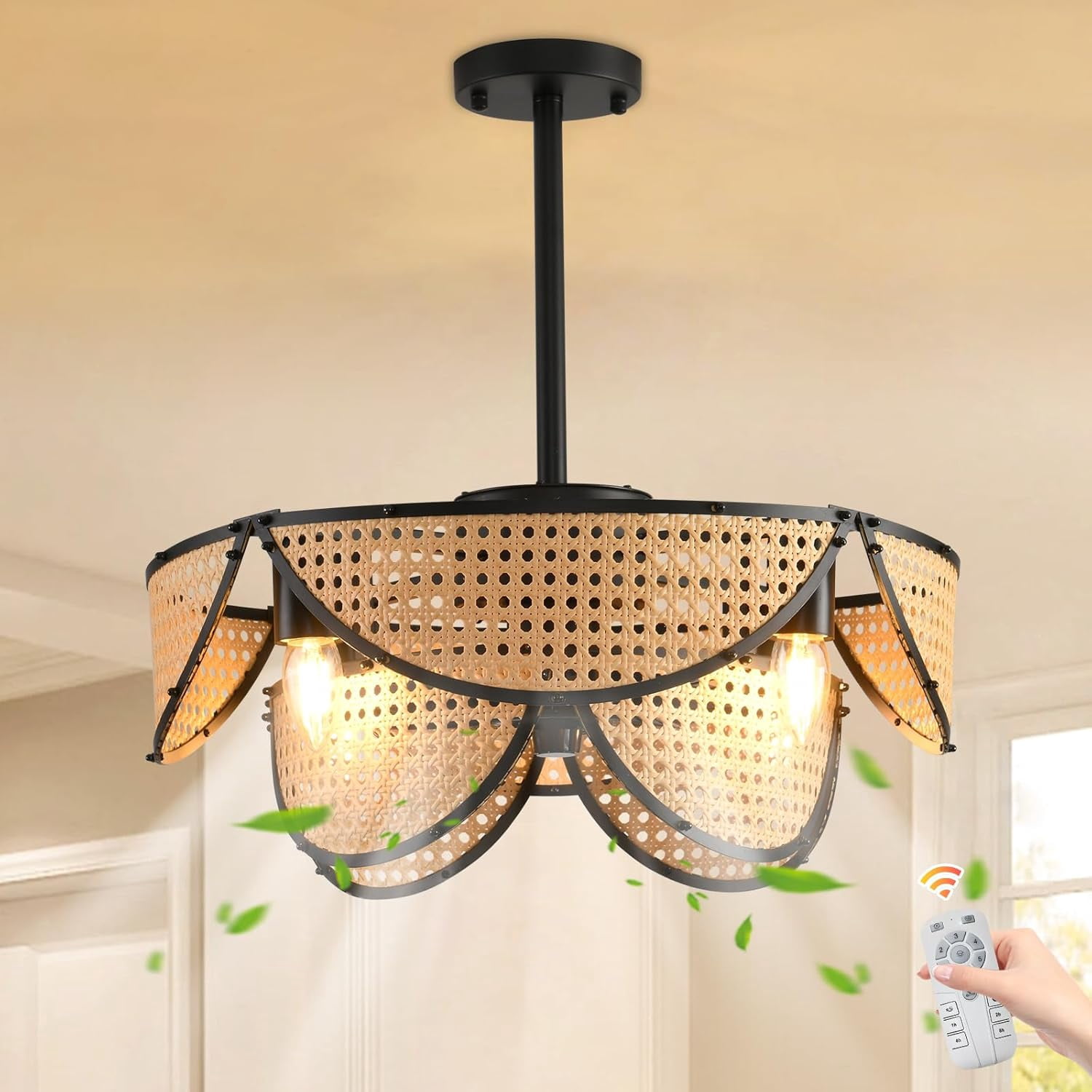 20" Caged Ceiling Fan with Light and Remote, Layered Rattan Enclosed ...