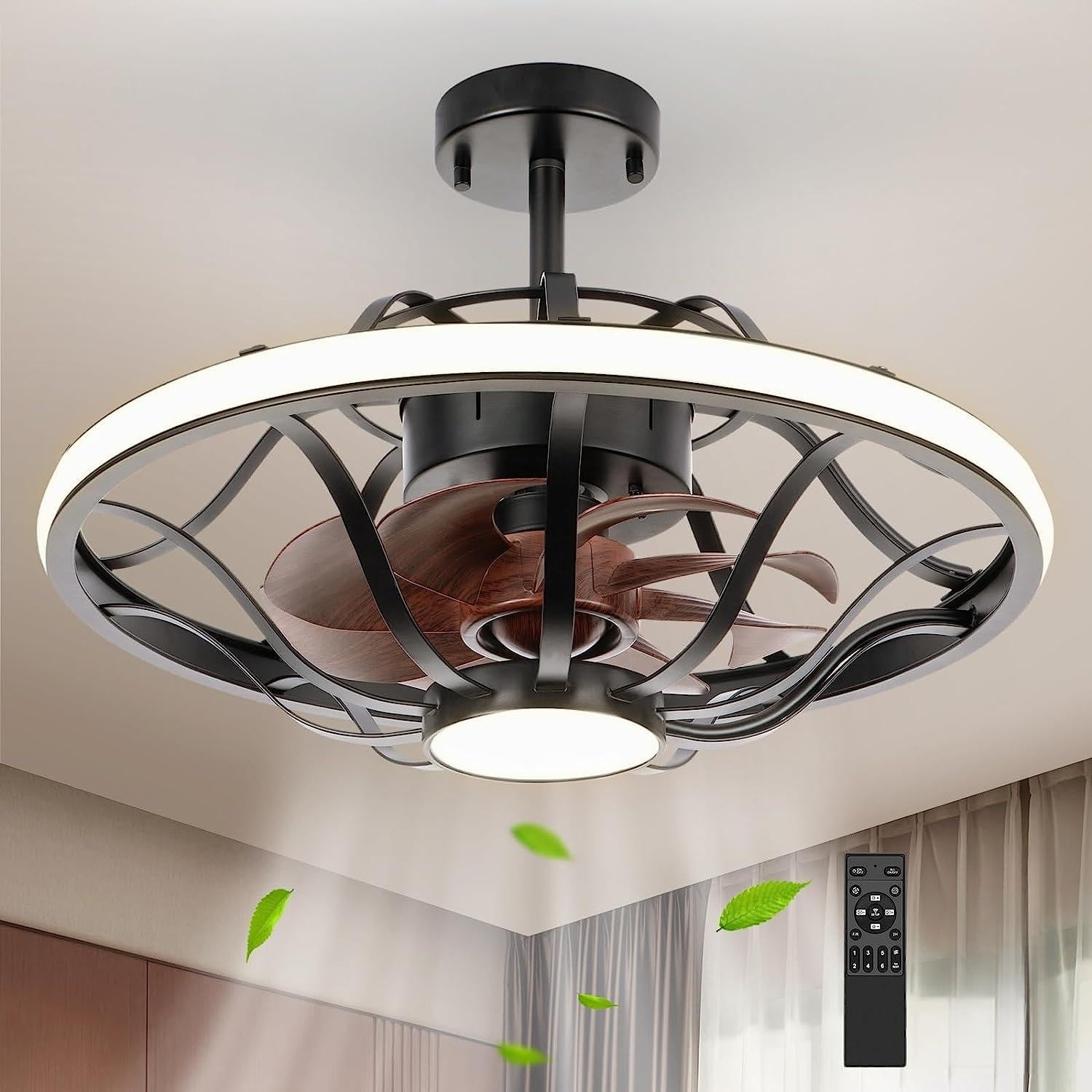 20'' Caged Ceiling Fan with Lights 6 Speeds Low Profile Small Farmhouse ...