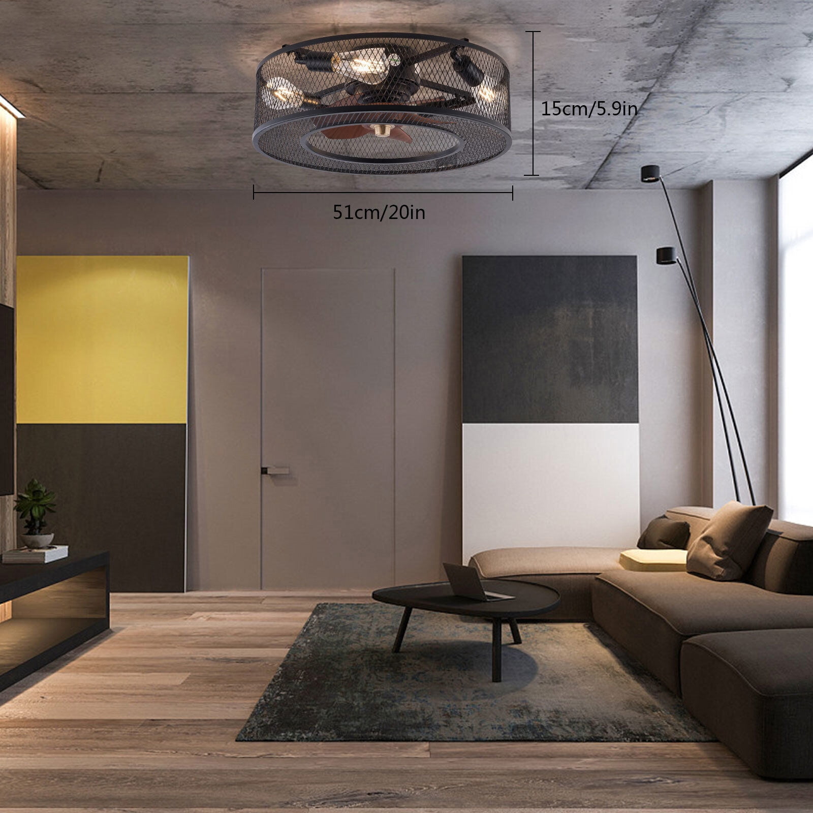 20" Caged Ceiling Fan Lights Flush Mount Fan Chandelier 3 Gear Wind ...