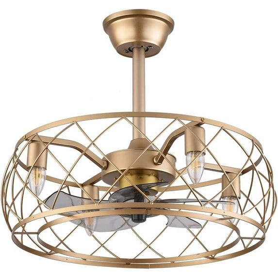 20" Caged Retro Ceiling Fan Light, Gold Invisible Blades With Remote 3 ...