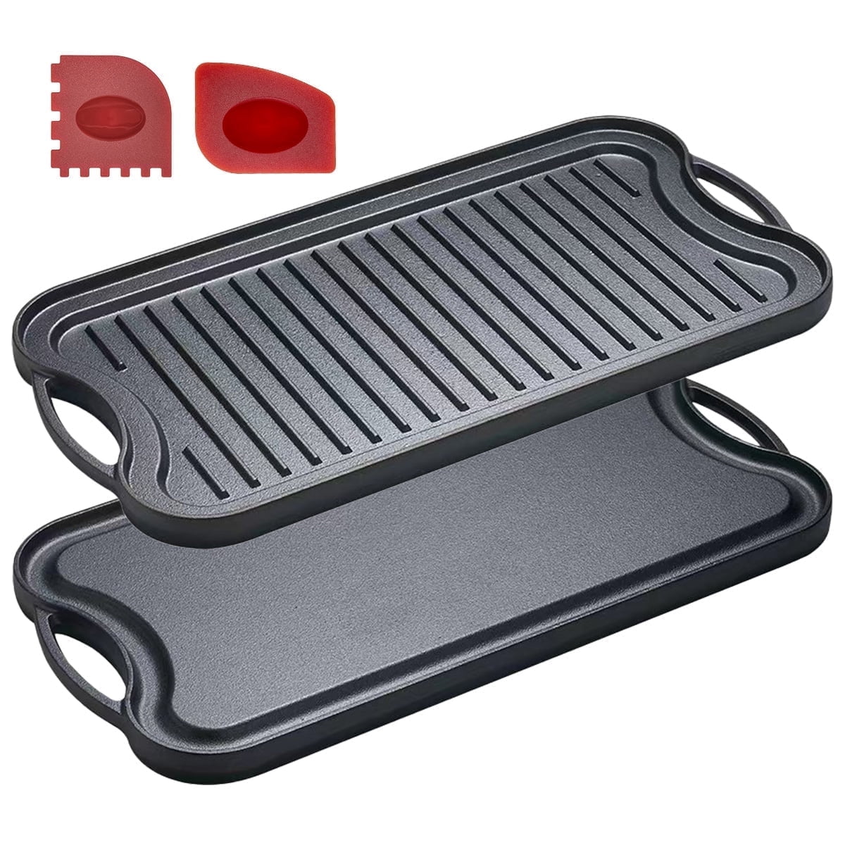 20" Cast Iron Reversible Grill/Griddle with Scrapers, Pre-Seasoned, Non ...