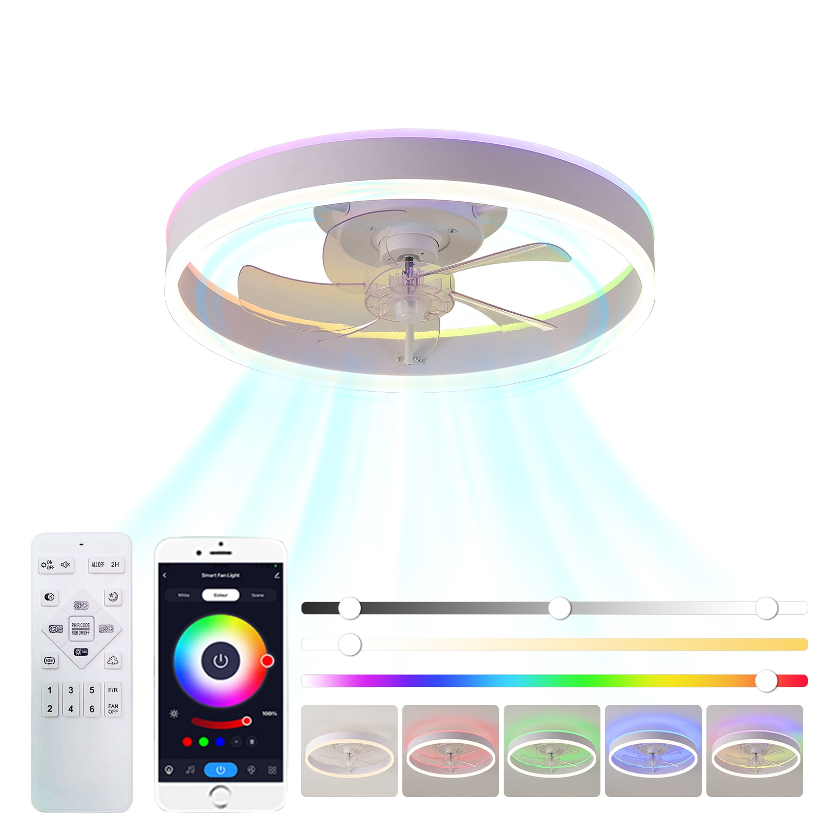 20" Ceiling Fan RGB color lights 3 color temperature 6-speed adjustable ...