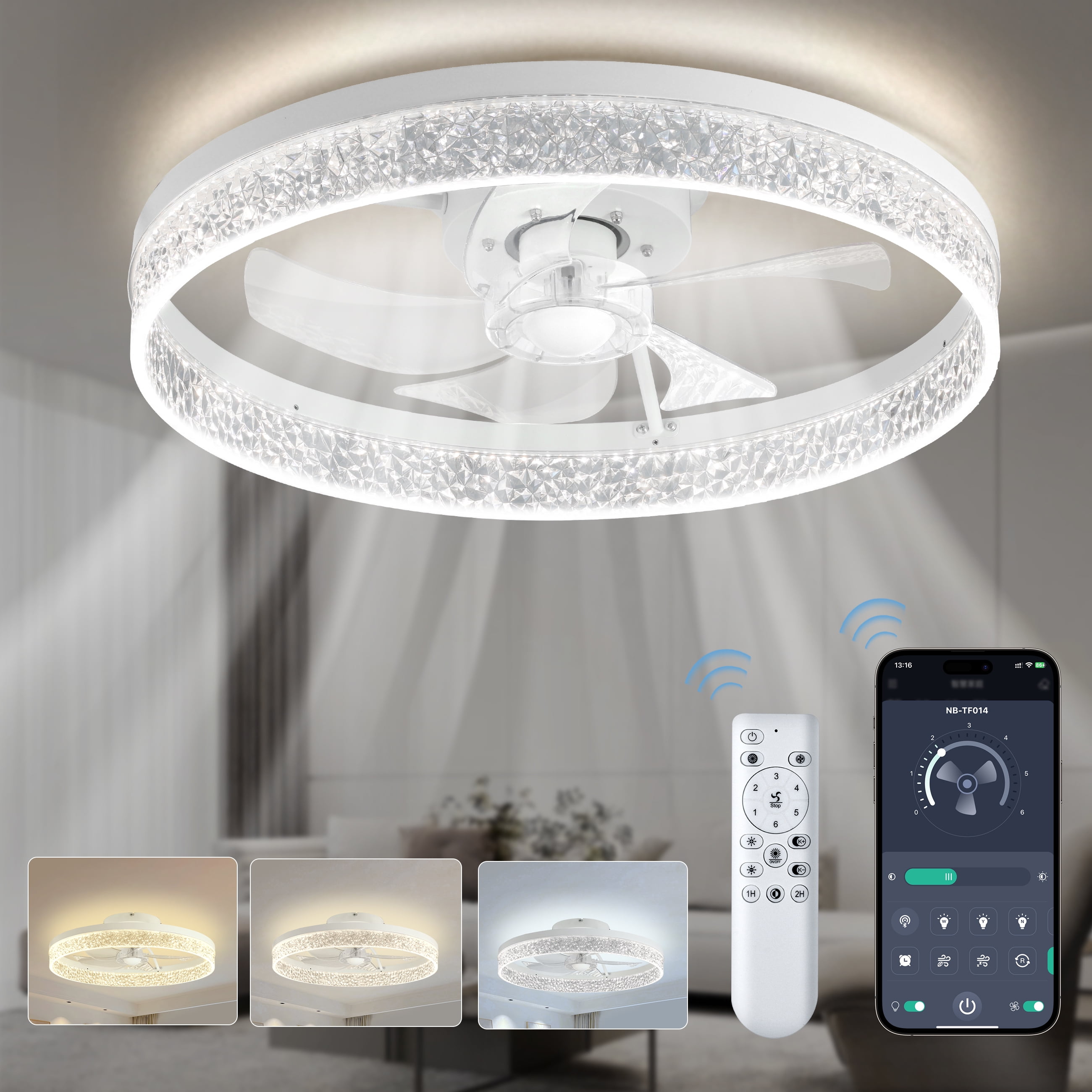 "20"" LED Ceiling Fans with Lights, Remote & APP Control, 3 Colors, 6 ...