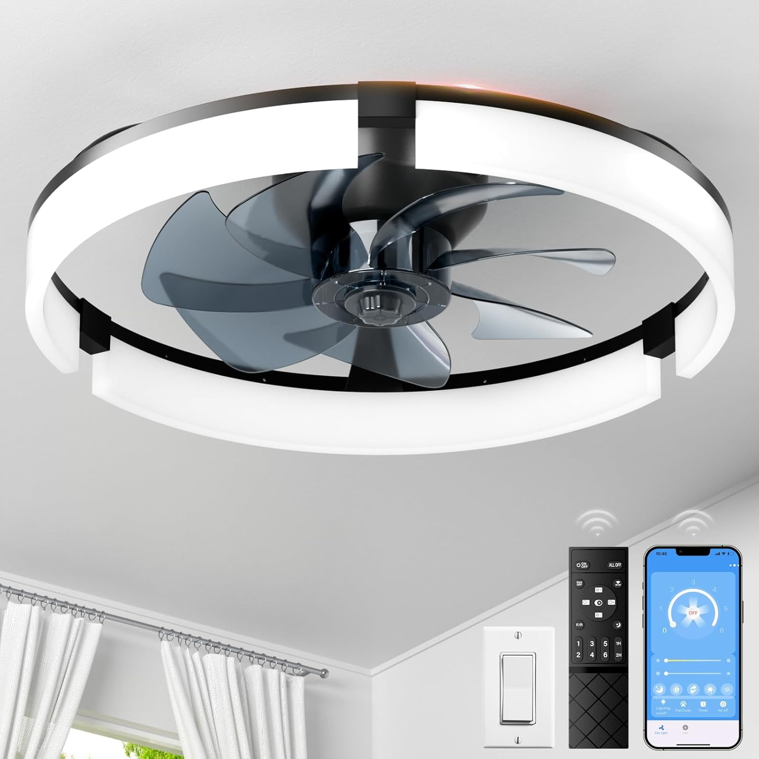 20" Ceiling Fans with Lights and Remote, Dimmable Flush Mount, 6 Speed ...