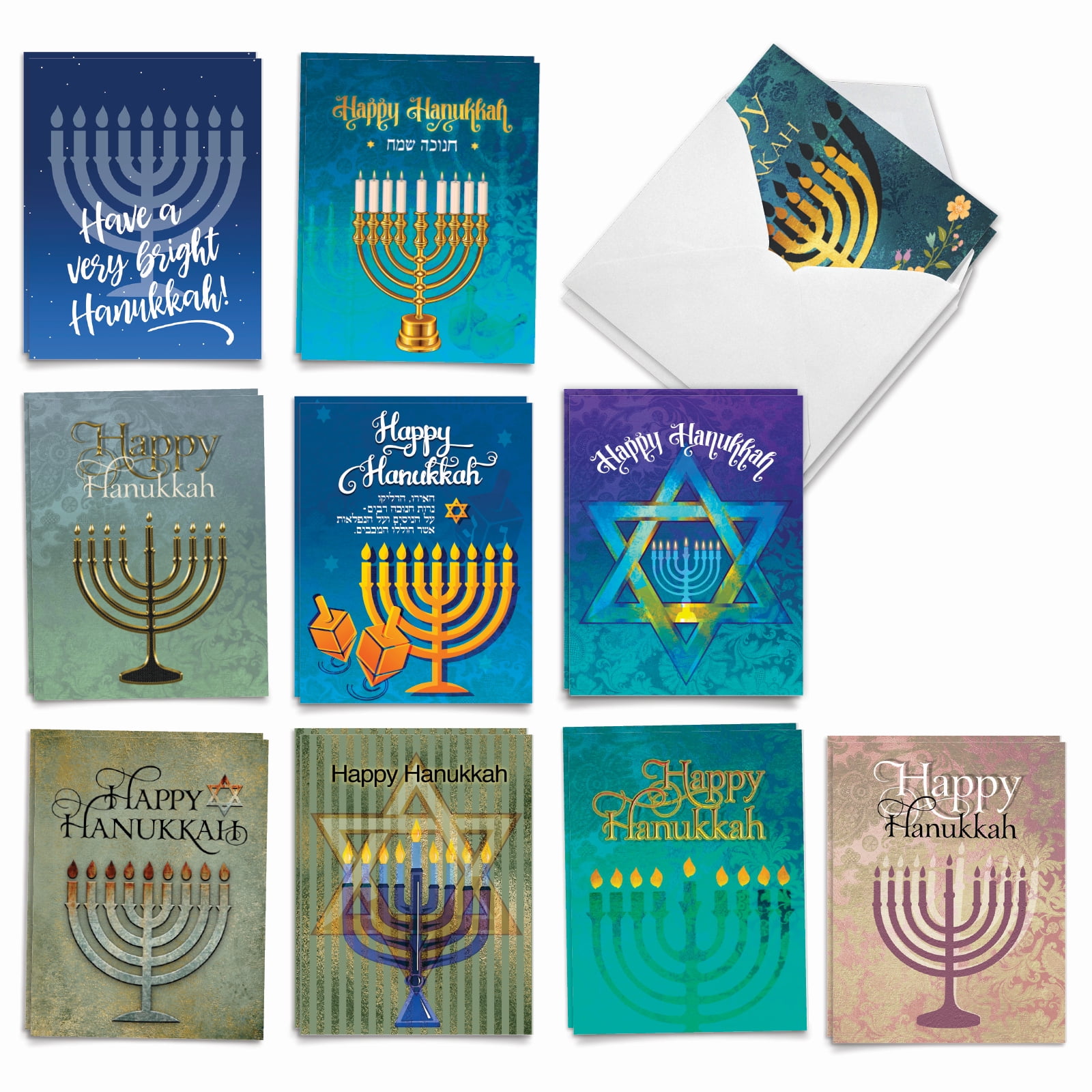 20 Chanukah Cards Assorted (10 Designs, 2 Each) - Hanukkah Lights (4" x ...