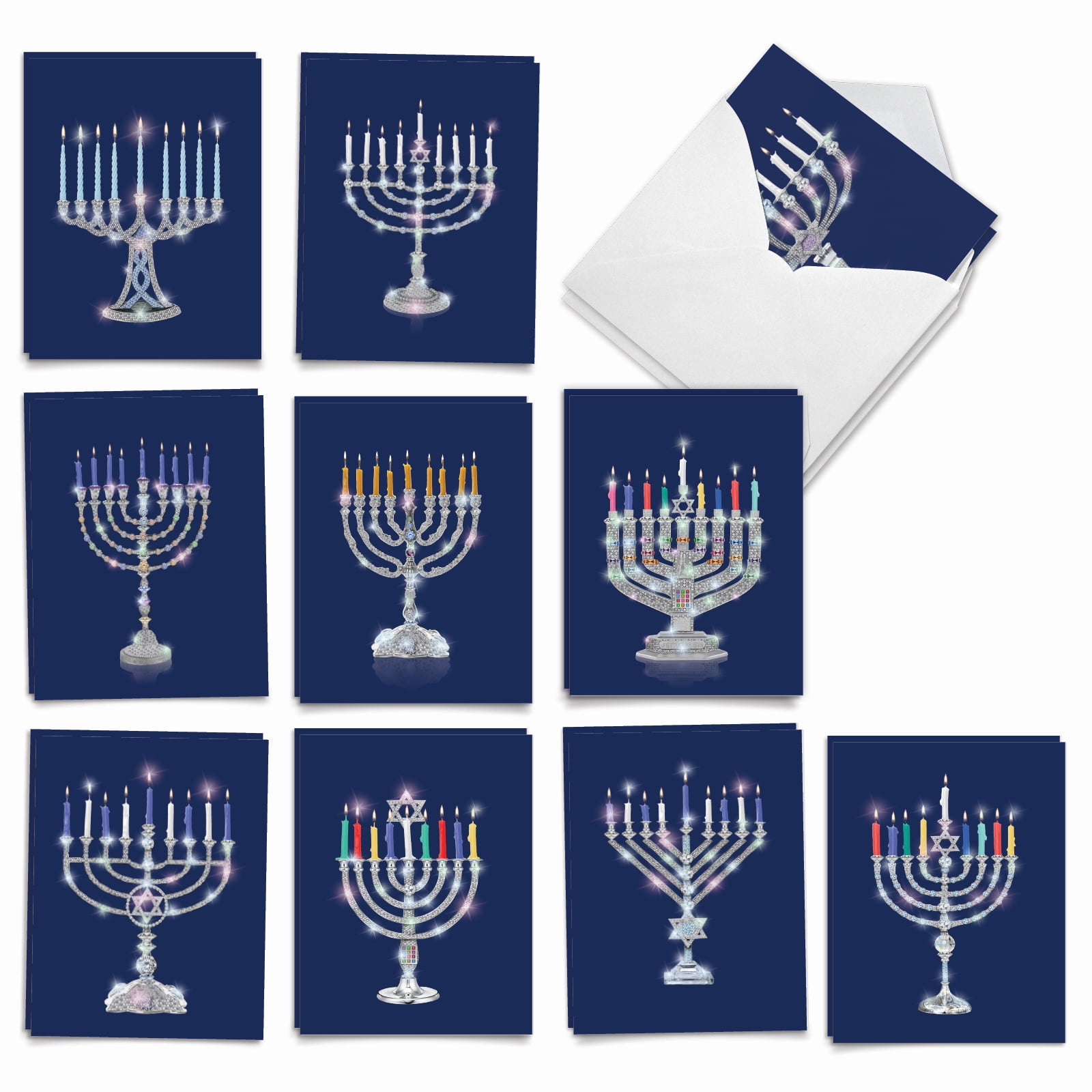 20 Chanukah Note Cards Pack (10 Designs, 2 Each) - Menorah Bling (4" x ...