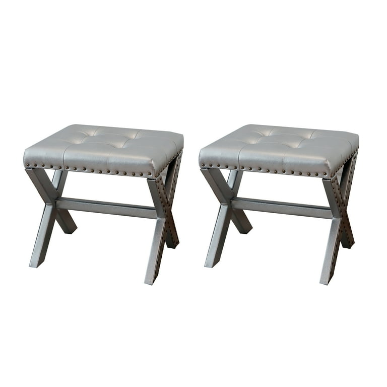 20 inch Chic Silver Polyester Vanity Stool with Nailhead Trim Set of 2
