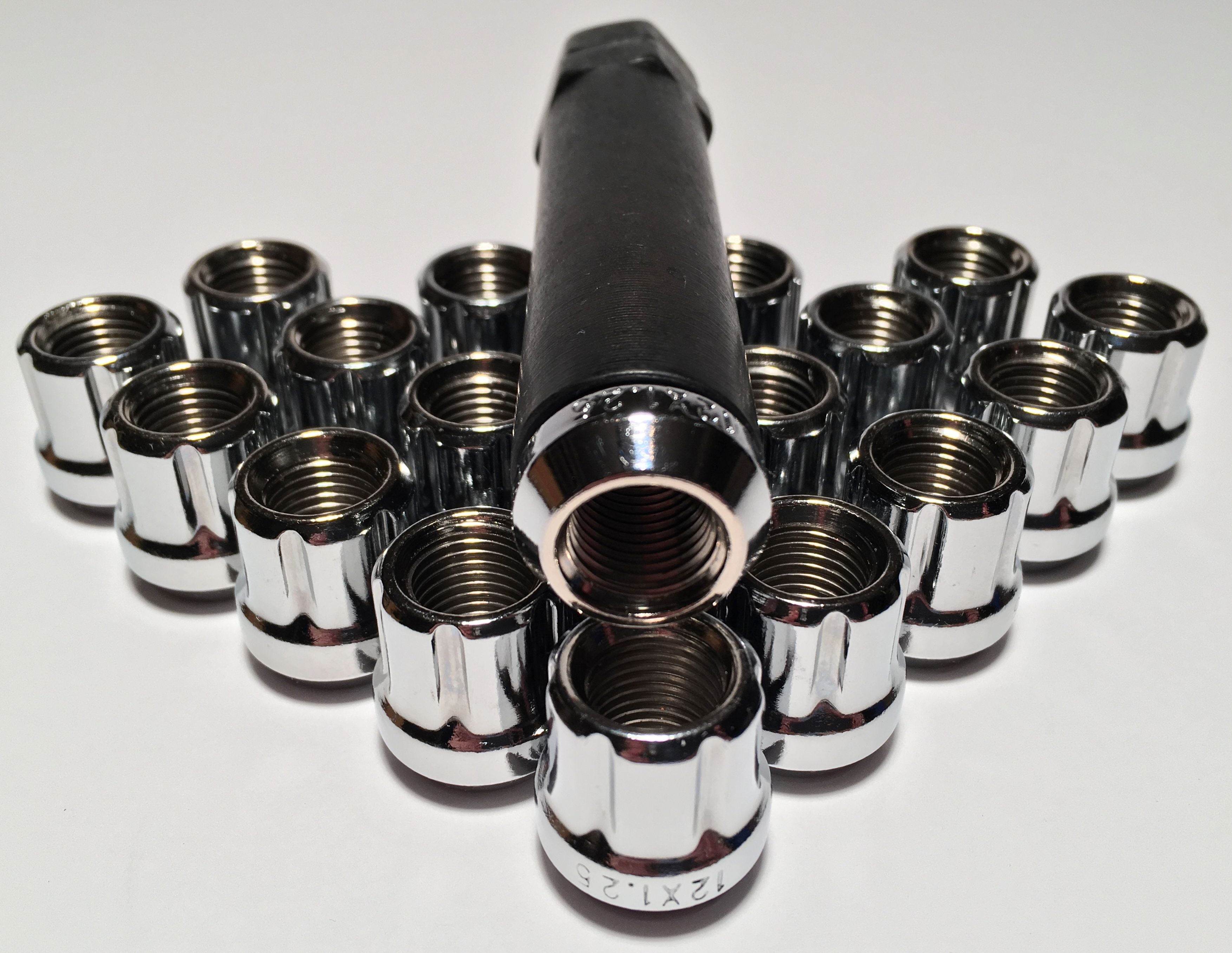 20 Chrome 12x1.25 Open End 6 Spline Tuner Lug Nuts w/ Adapter Key ...